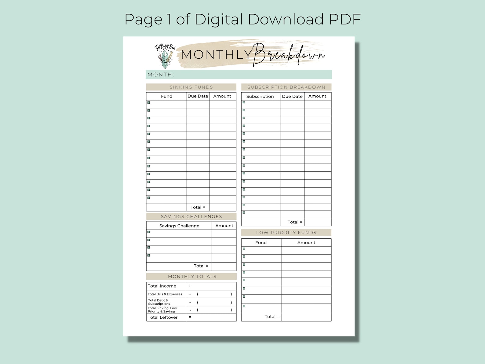 Monthly Expense Breakdown DIGITAL DOWNLOAD Printable PDF - Etsy