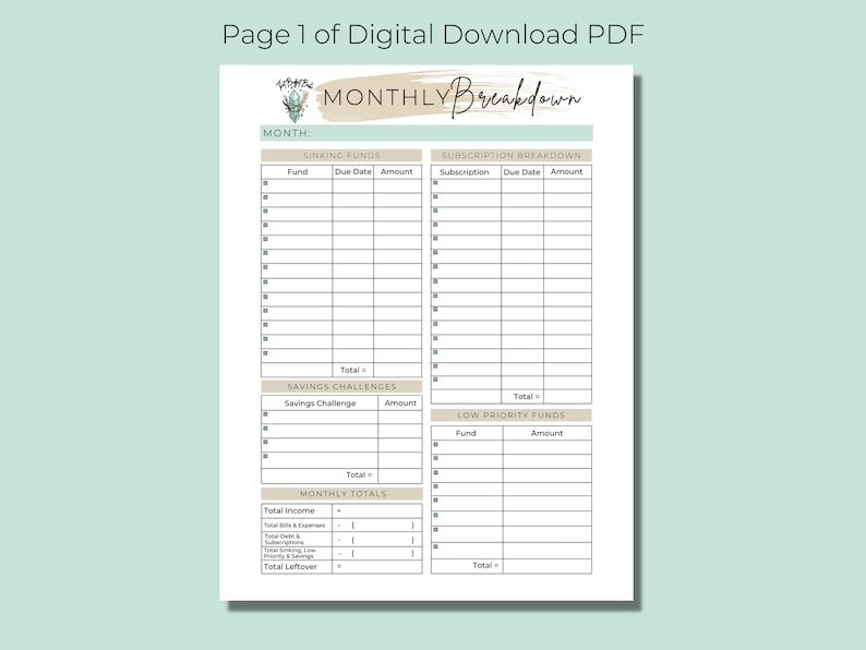 Monthly Expense Breakdown - DIGITAL DOWNLOAD Printable PDF - Etsy