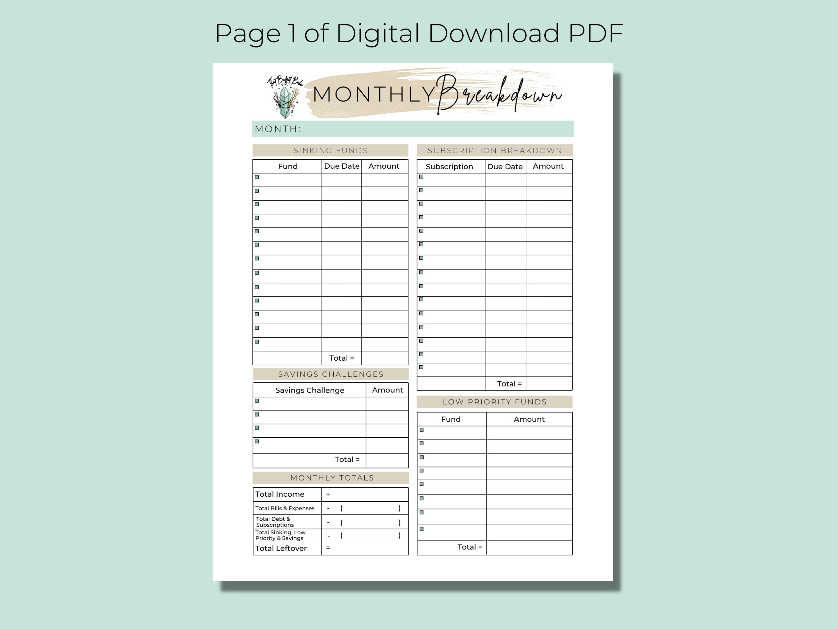 Monthly Expense Breakdown - DIGITAL DOWNLOAD Printable PDF - Etsy