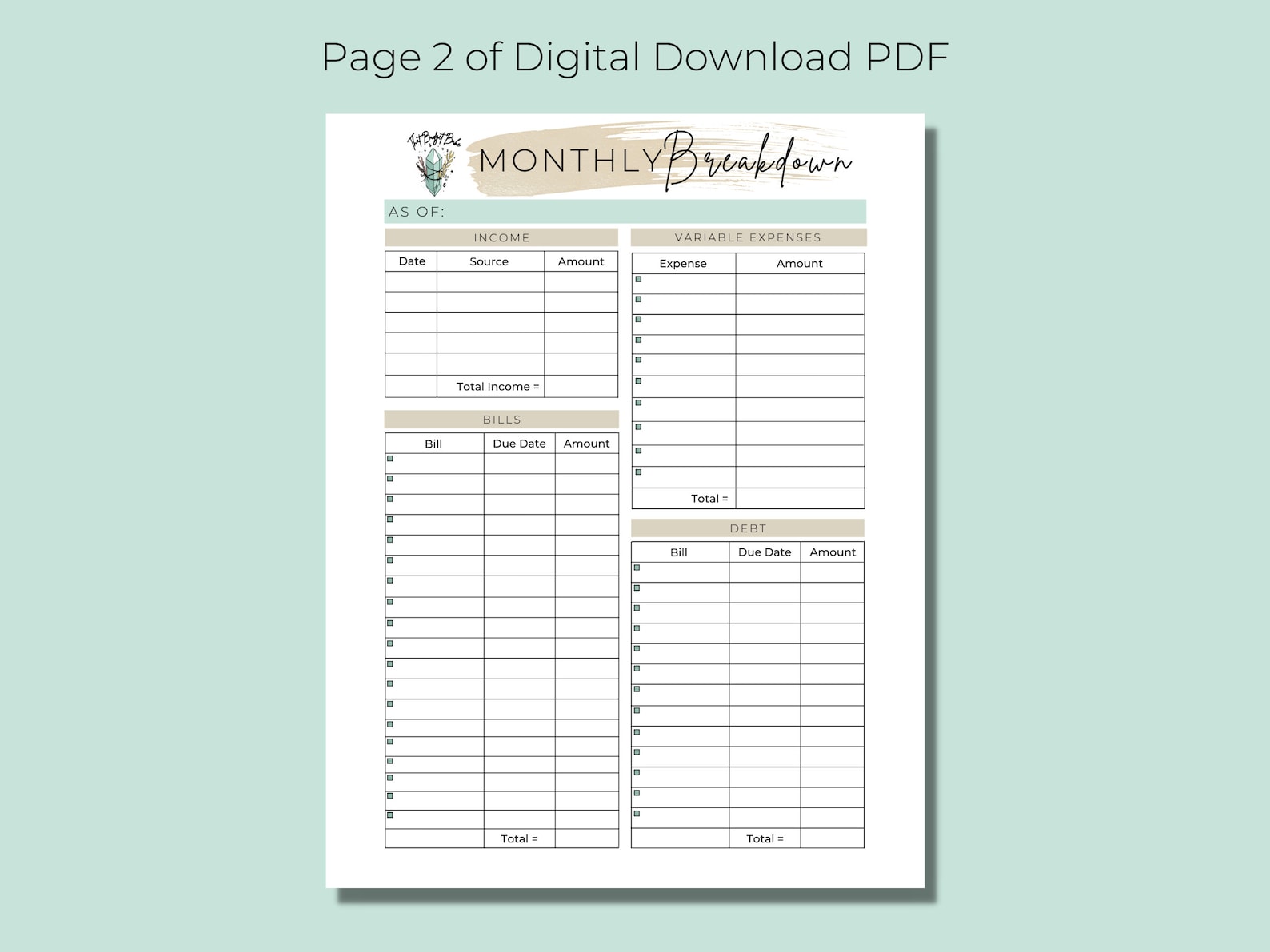 Monthly Expense Breakdown - DIGITAL DOWNLOAD Printable PDF - Etsy