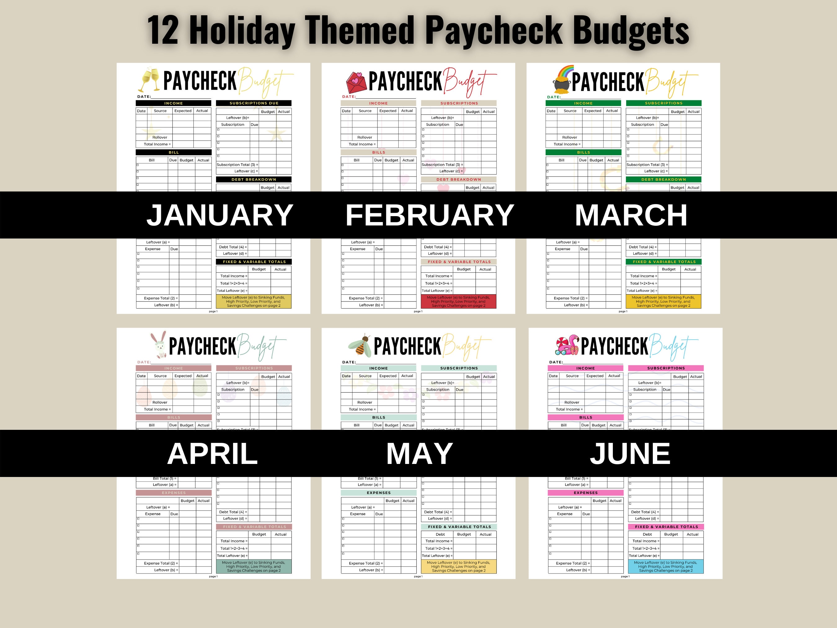 Paycheck Budget Bundle 12 Holiday Themed Templates Digital - Etsy