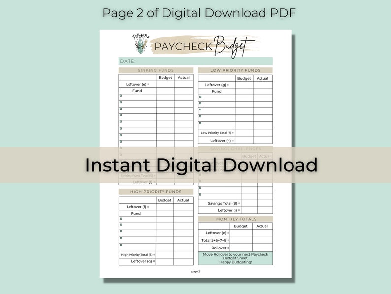 Paycheck Budget Template - DIGITAL DOWNLOAD - Printable PDF - Etsy