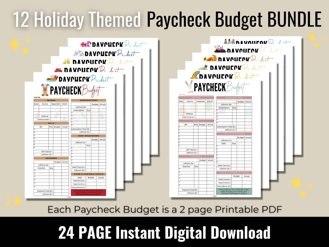 Paycheck Budget Bundle - 12 Holiday Themed Templates - Digital PDF - Etsy