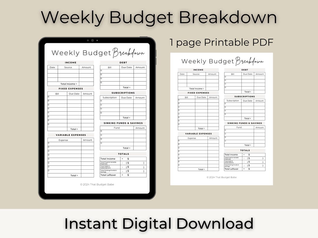 Weekly Budget Breakdown Template: Paycheck Budgeting (digital PDF ...