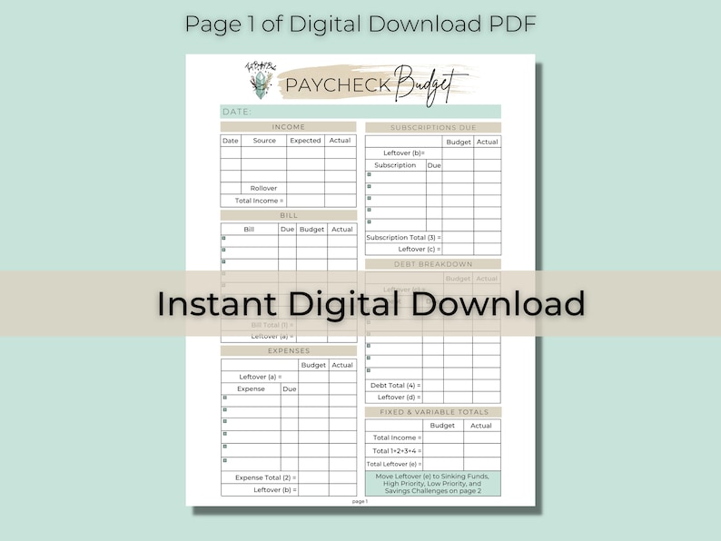 Paycheck Budget Template - DIGITAL DOWNLOAD - Printable PDF - Etsy