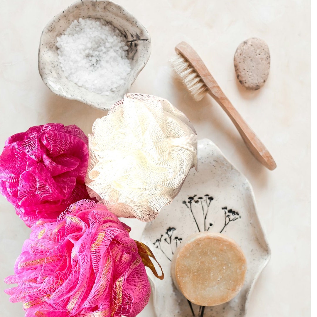 Loofa 3 Piece Bath Spa Set Pink White & Purple Hart Ribbon Gift Set ...