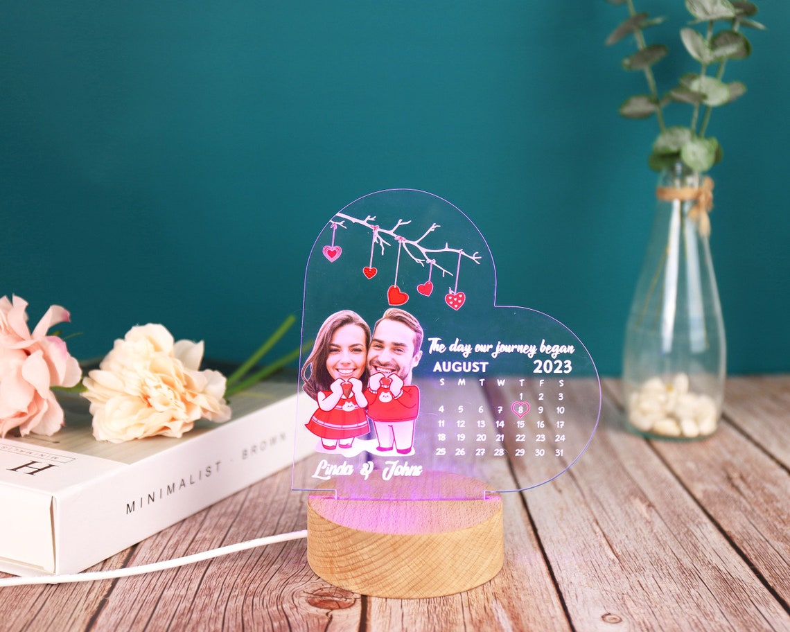 Custom Photo Couple Calendar Heart Shape Acrylic LED Night Light ...