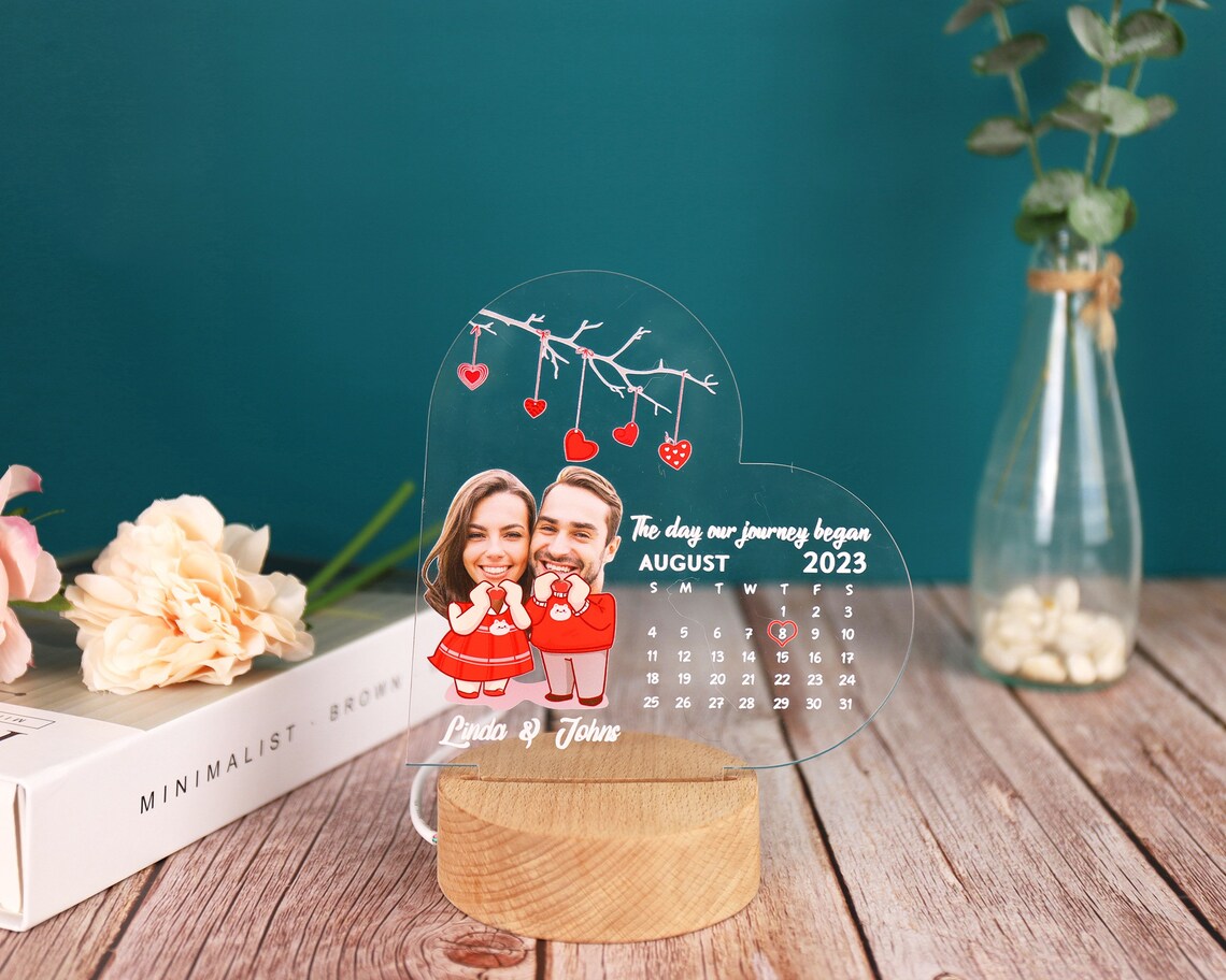 Custom Photo Couple Calendar Heart Shape Acrylic LED Night Light ...