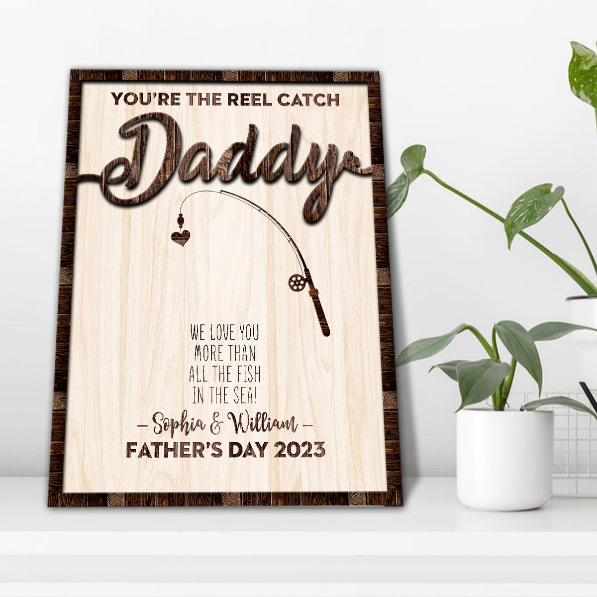 Custom Kids Name Reel Catch Daddy Fishing Wooden Handprint Sign Wood ...
