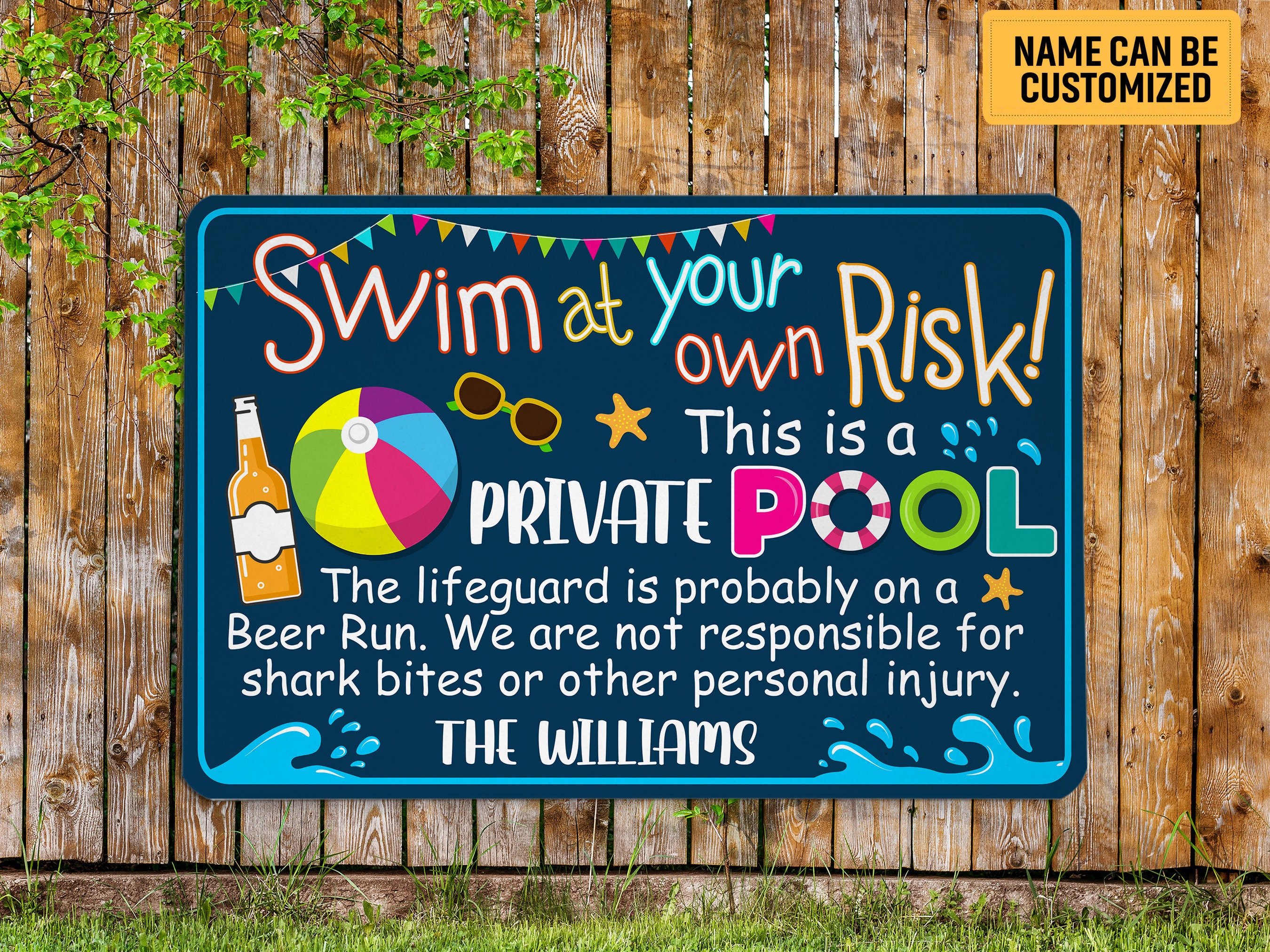 Personalized Swimming Pool Sign, Swim at Your Own Risk Private Pool ...