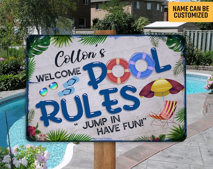 Personalized Swimming Pool Sign, Pool Rules Metal Sign, Welcome Sign ...