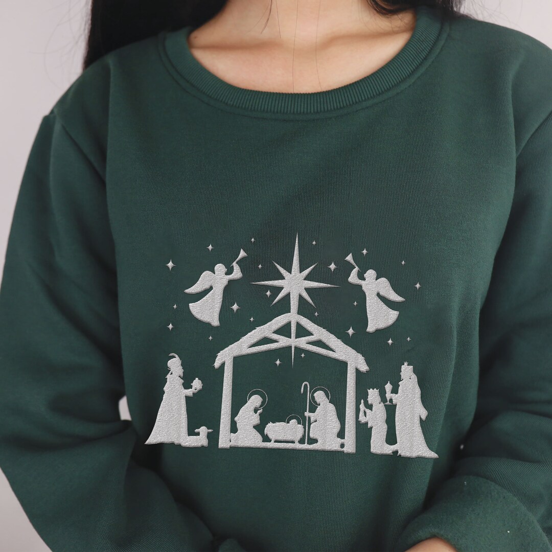 Embroidered Nativity Scene Sweatshirt, Embroidery Christian Sweatshirt ...