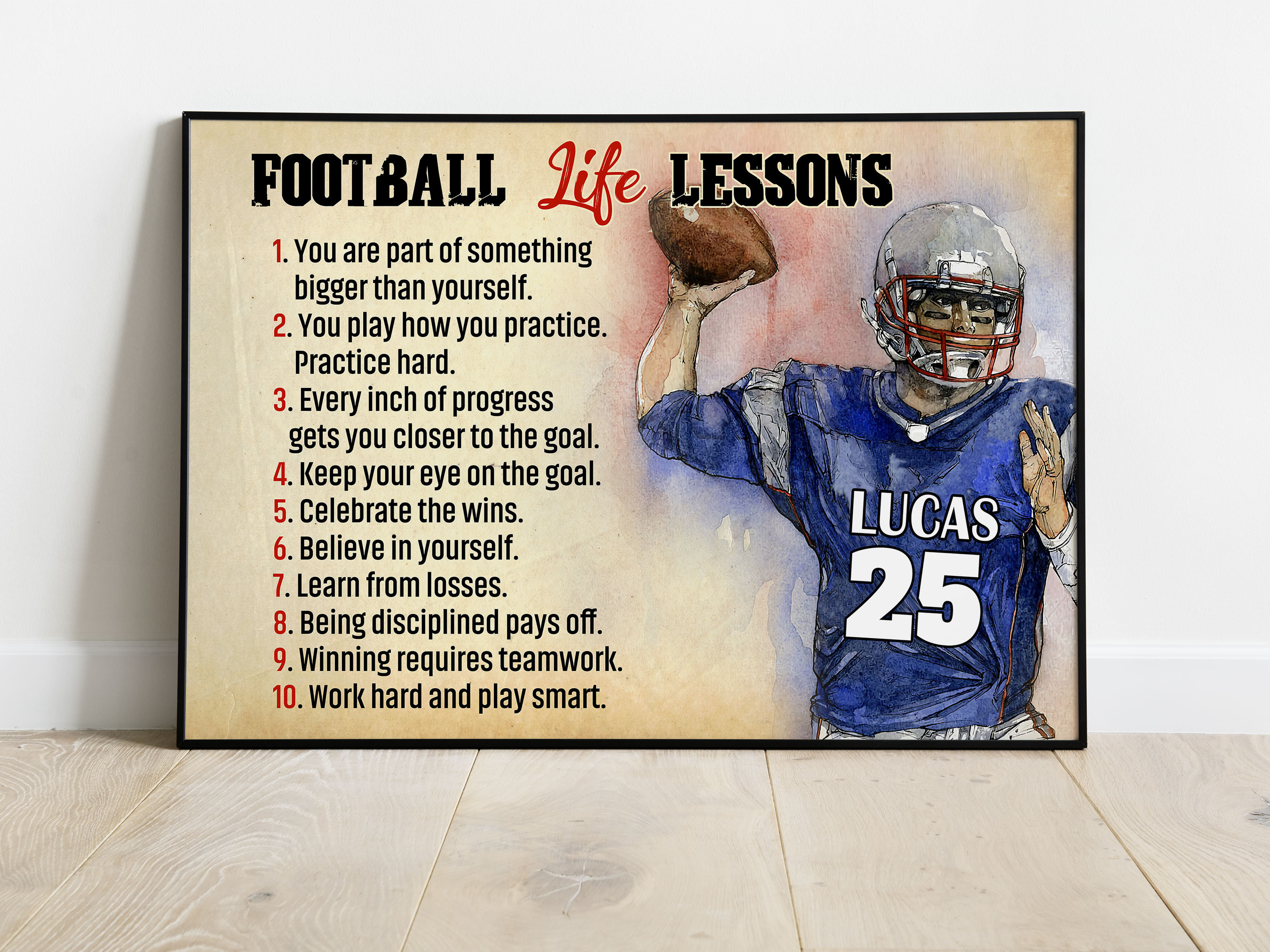 Football Life Lessons Poster Canvas Print Custom Name Number Vintage ...