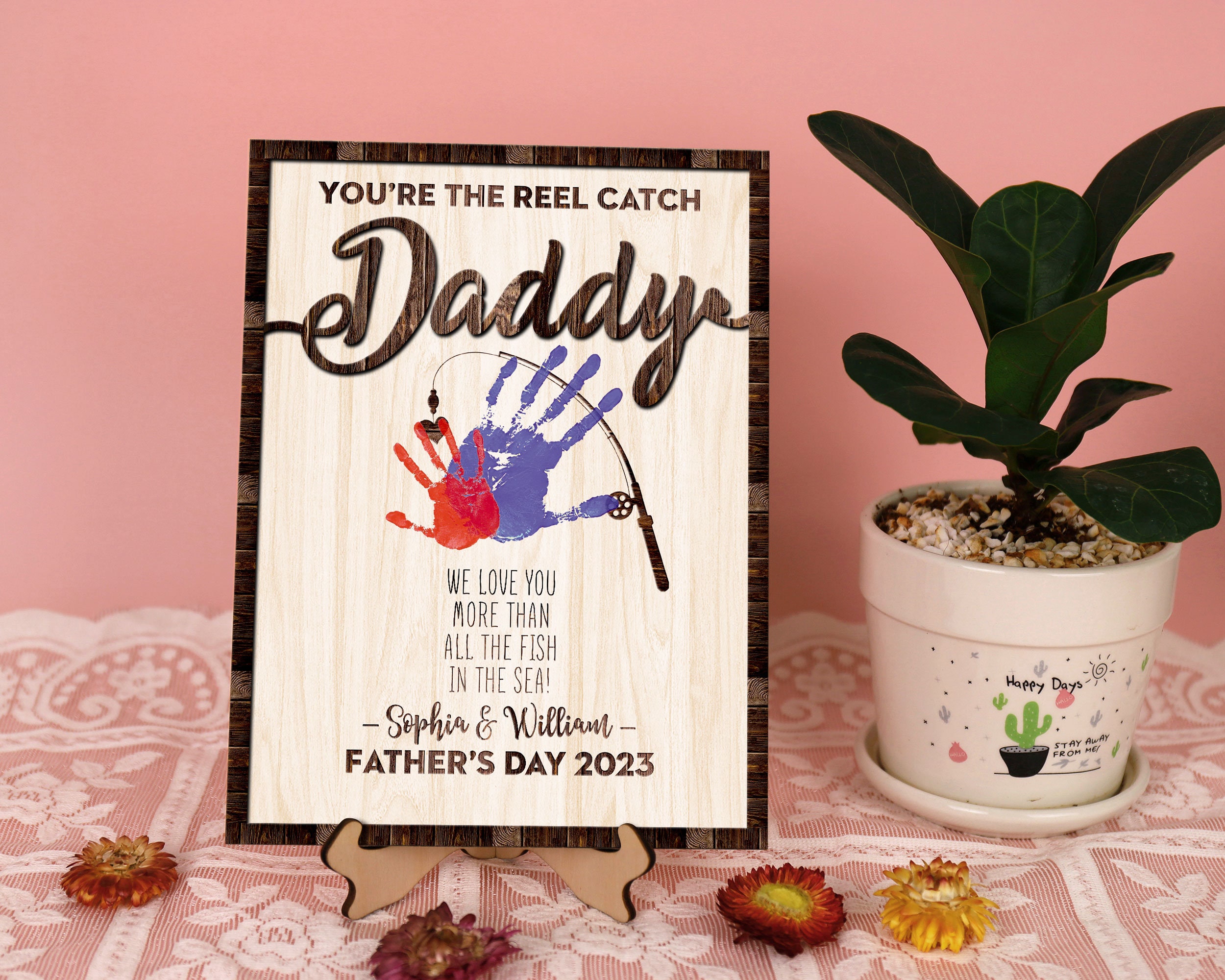 Custom Kids Name Reel Catch Daddy Fishing Wooden Handprint Sign Wood ...