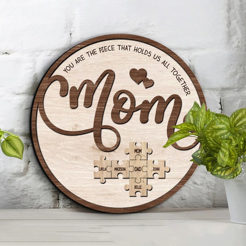 Custom Kids Name Mom Puzzle Wooden Sign Layered Wood Board Plaque Frame Mother's Day Mom ...