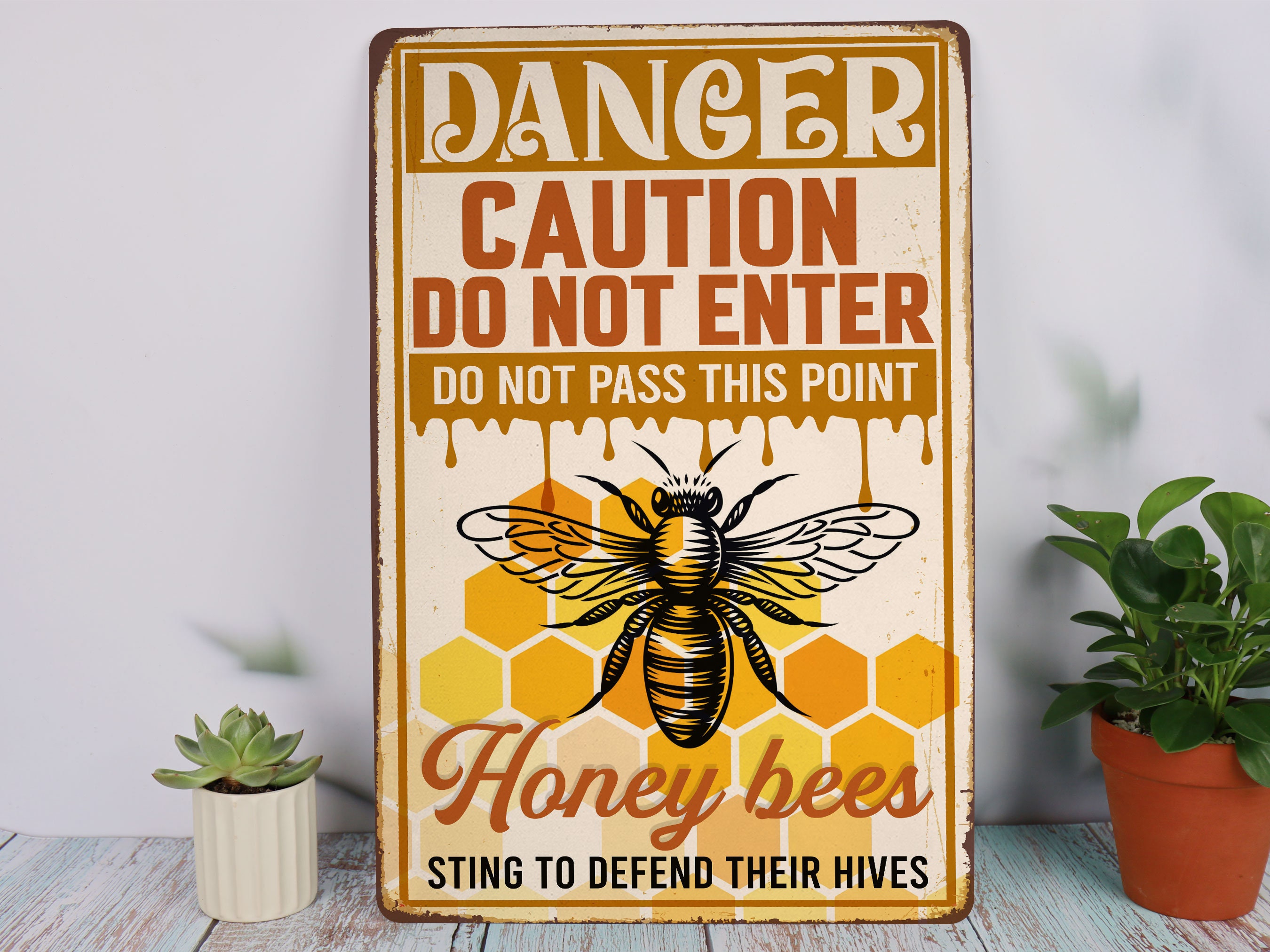 Danger Caution Honey Bees Metal Sign Honey Bee Sign Bee Farm Sign ...