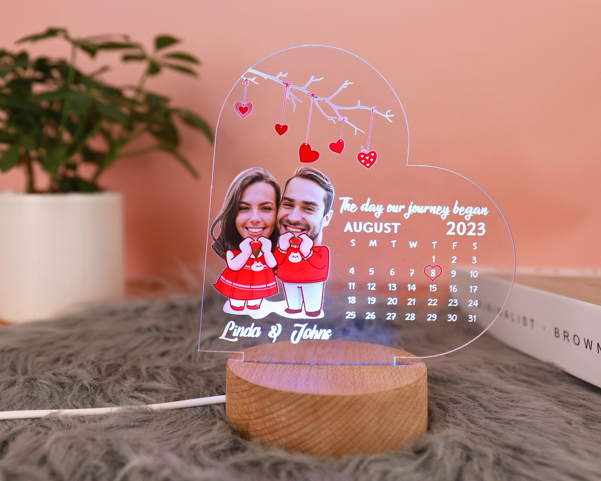 Custom Photo Couple Calendar Heart Shape Acrylic LED Night Light ...