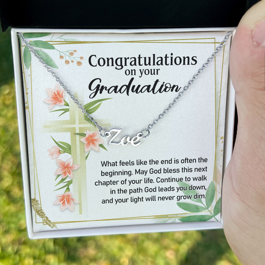 Custom Name Necklace, Floral Cross Graduation Necklace Message Card ...