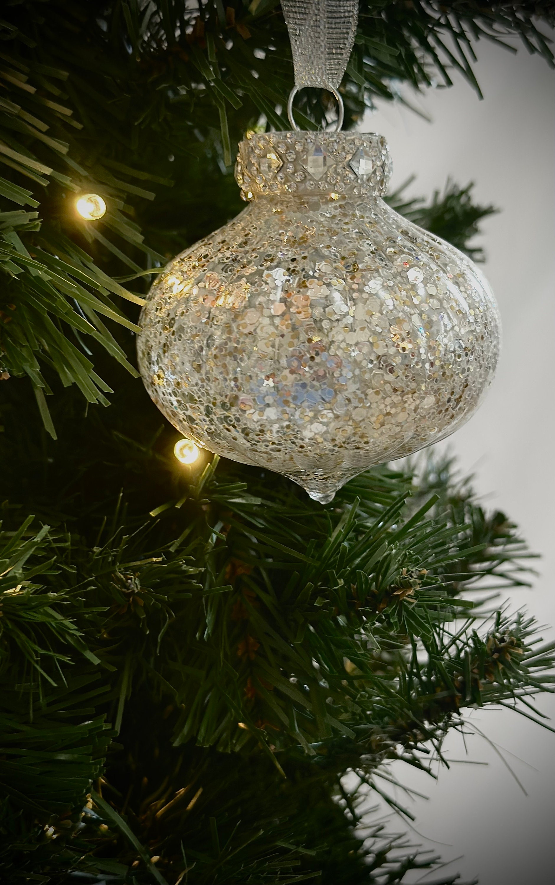 Set of 2 Icy Silver Glitter Ornaments That Sparkle With Gold and Are ...