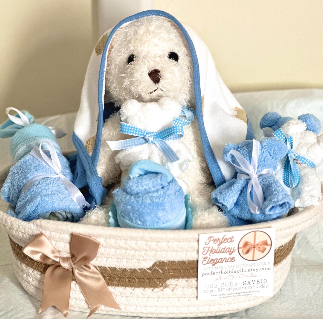 Blue & White Baby Bath Gift Set: Teddy Bear, Hooded Towel, Washcloths ...