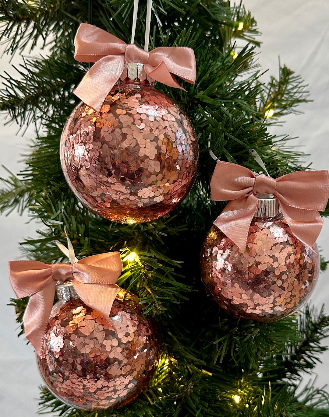 Set of 3 Rose Gold Glittered Shatterproof Ornaments With Beautiful Rose ...
