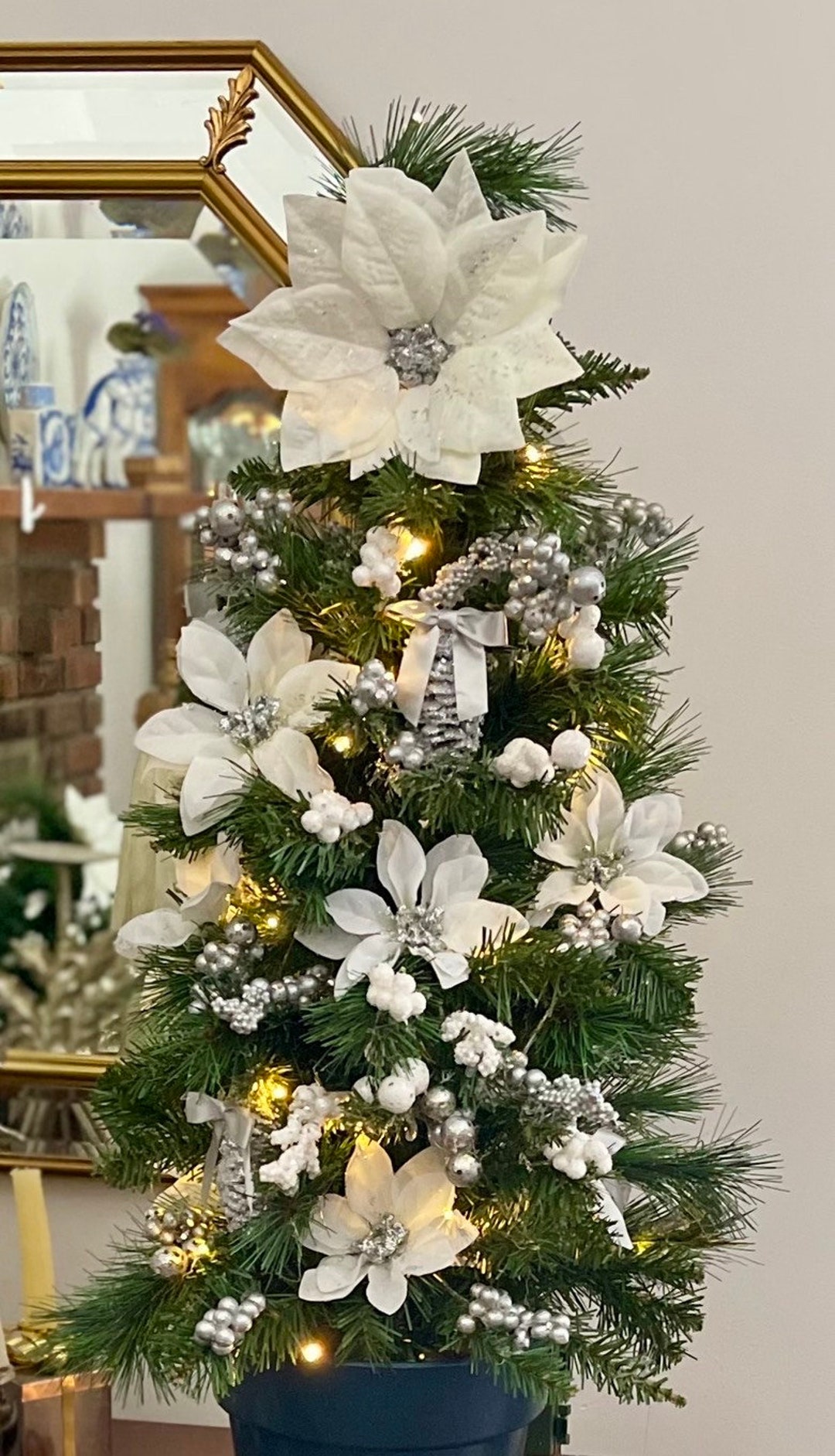 Pre Lit White and Silver Christmas Topiary / Approximately 3ft ...