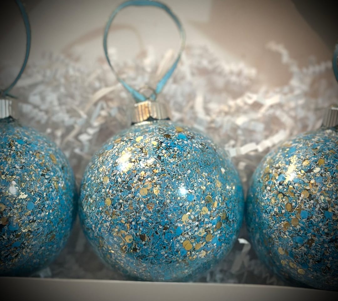 Boxed Set of 3 Blue and Gold Ornaments With a Beautiful Blue and Gold ...