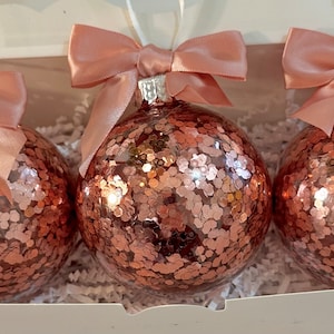 Set of 3 Rose Gold Glittered Shatterproof Ornaments With Beautiful Rose ...