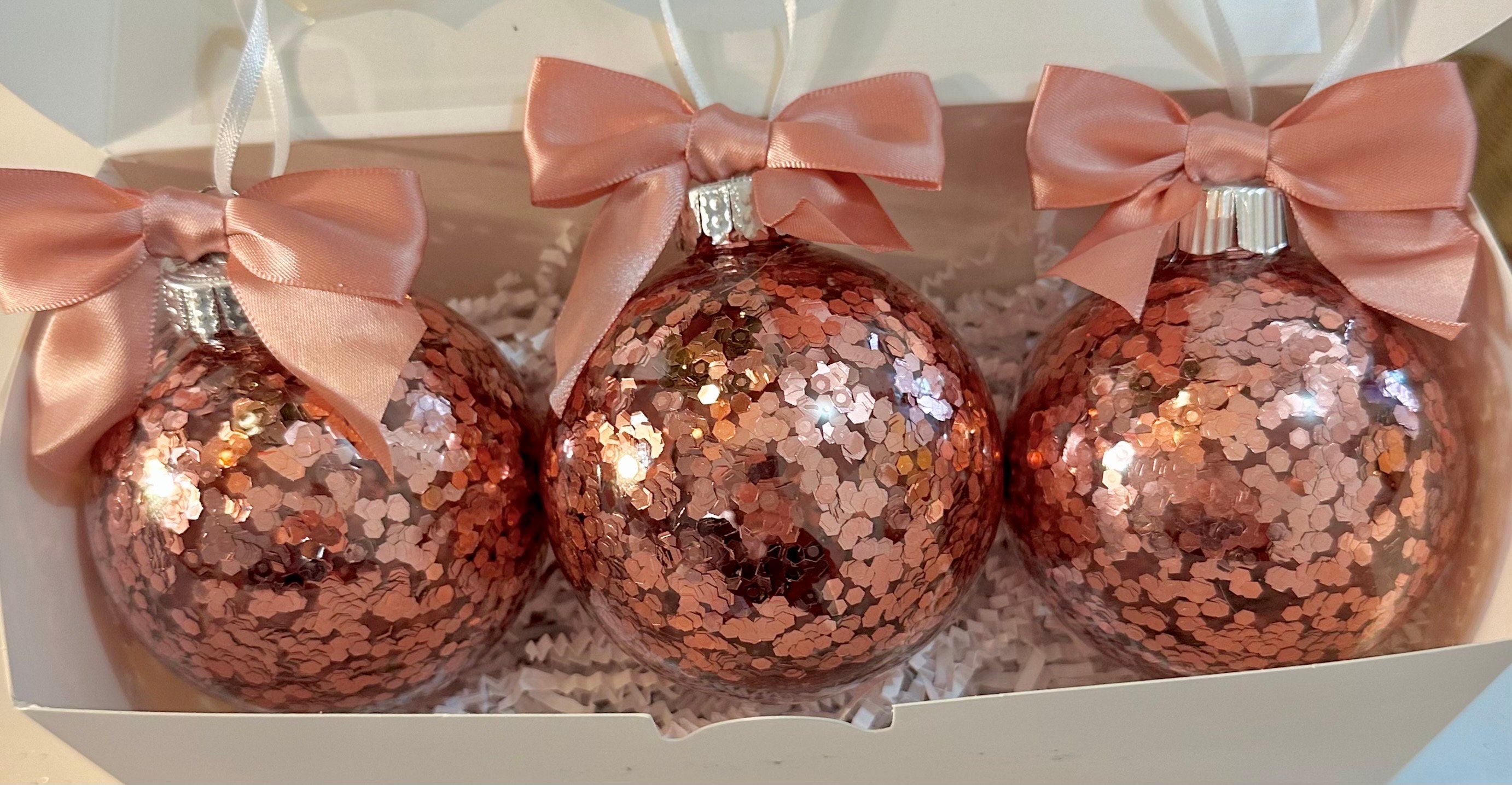 Set of 3 Rose Gold Glittered Shatterproof Ornaments With Beautiful Rose ...