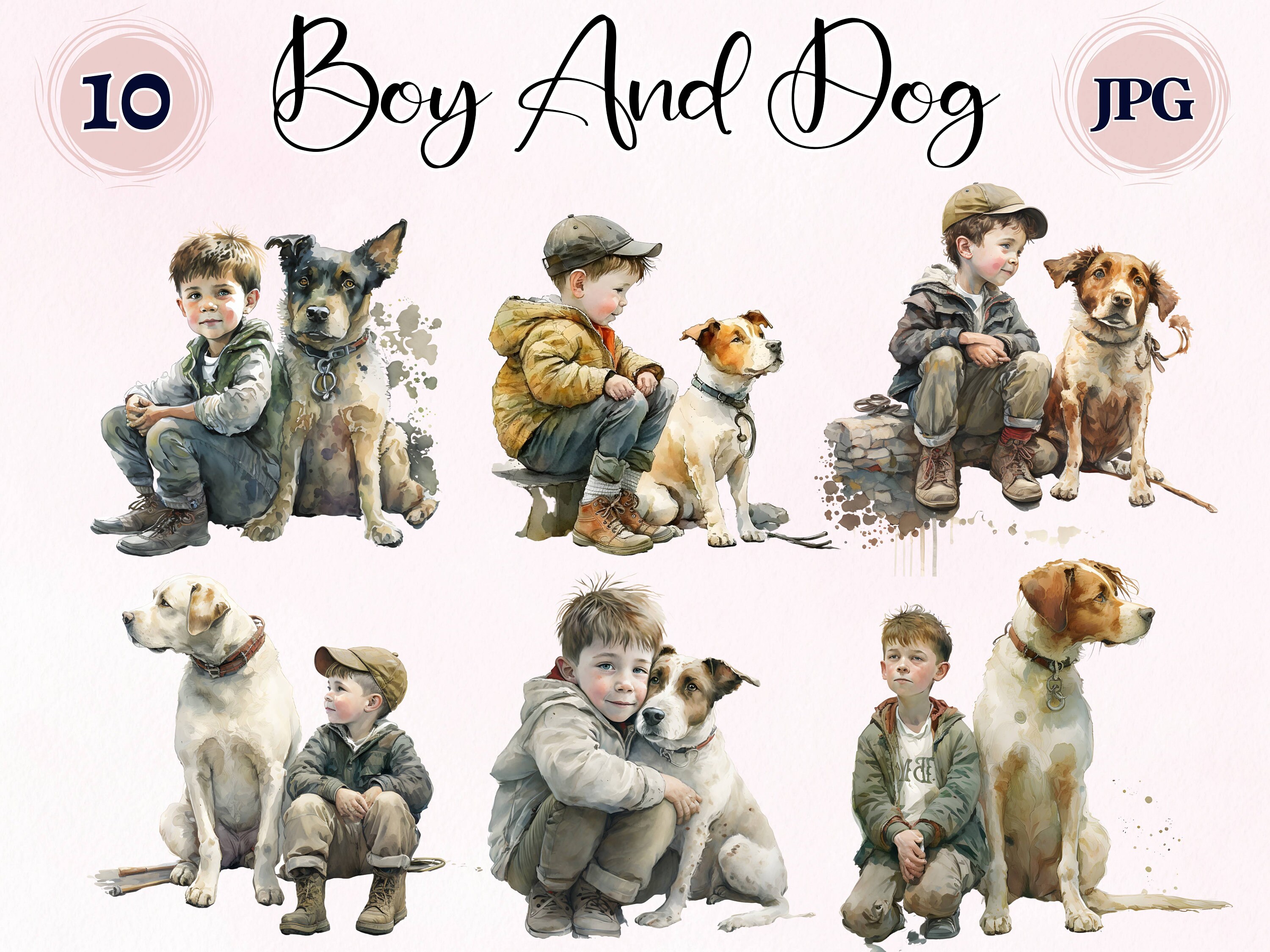 Watercolor Boy and Dog, 10 High Quality Jpgs, Clipart Boy With His Dog ...