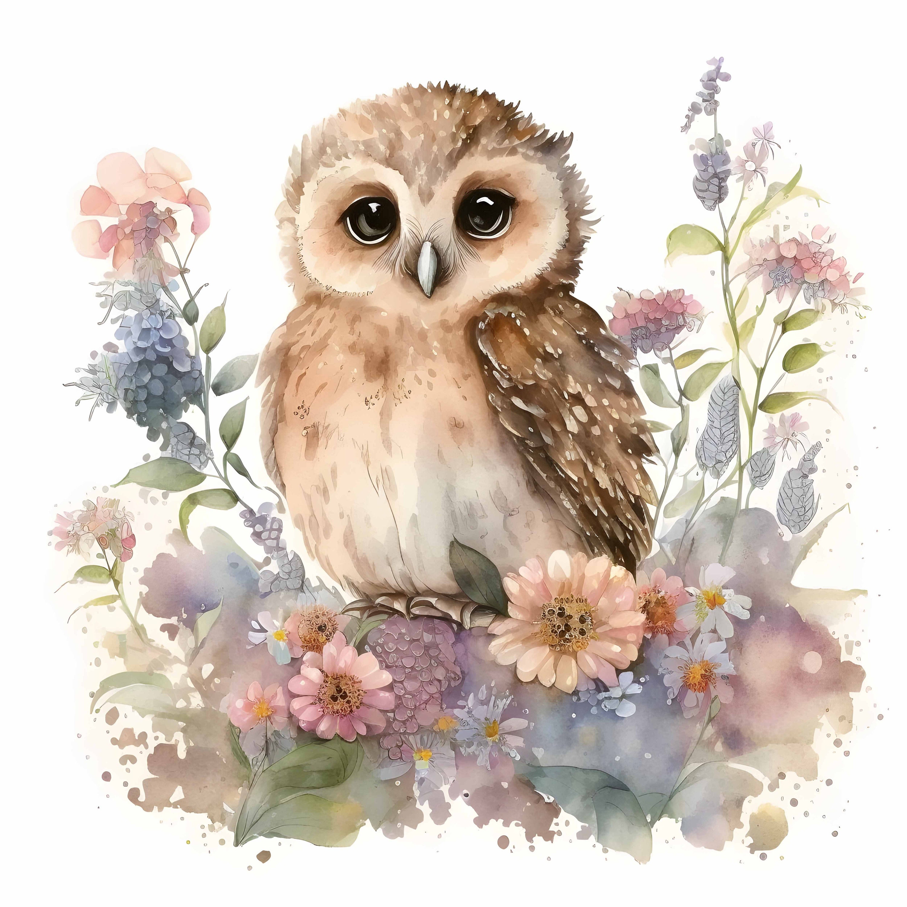 Watercolor Owl With Flowers, 10 High Quality Pngs, Digital Download ...