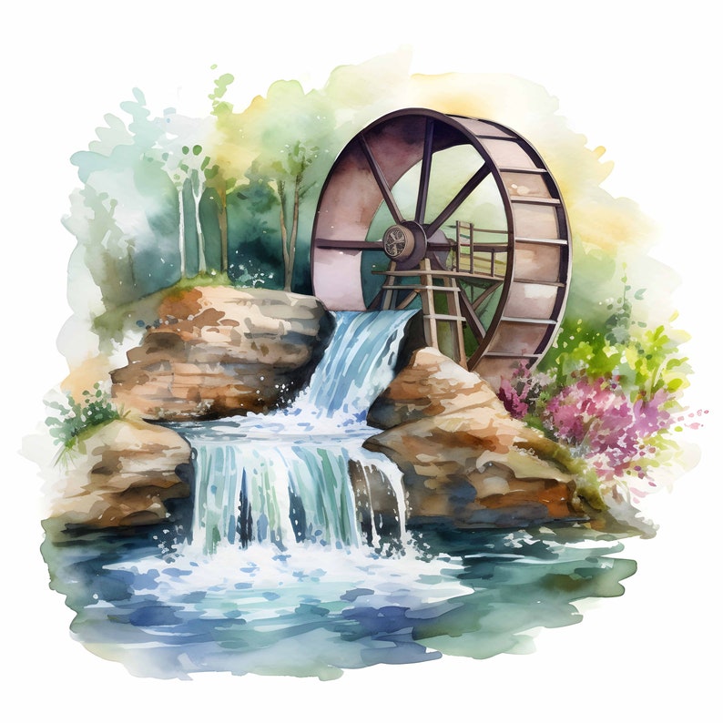 Watercolor Water Wheel, 10 High Quality PNG, Clipart Landscape, Clipart ...