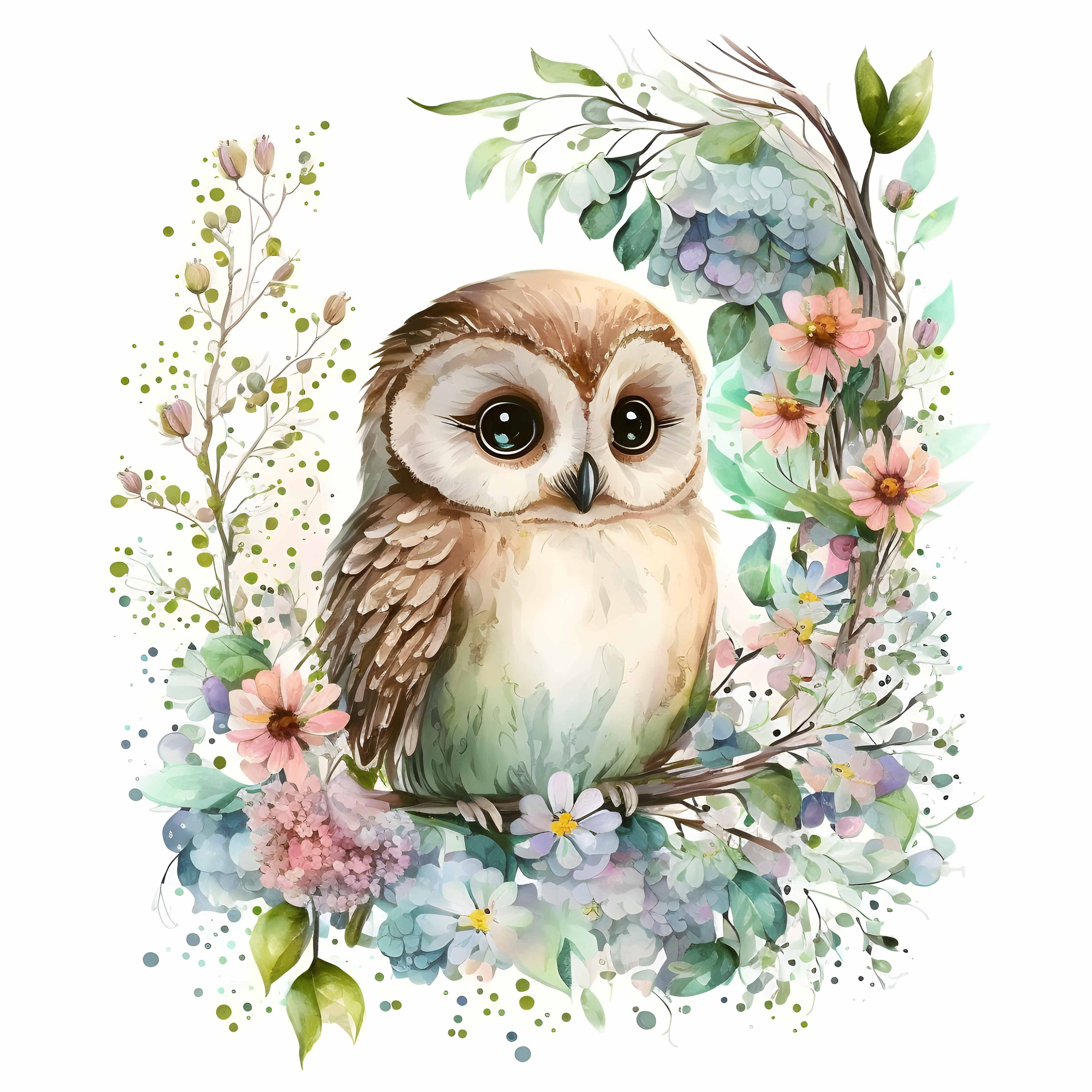 Watercolor Owl With Flowers, 10 High Quality Pngs, Digital Download ...