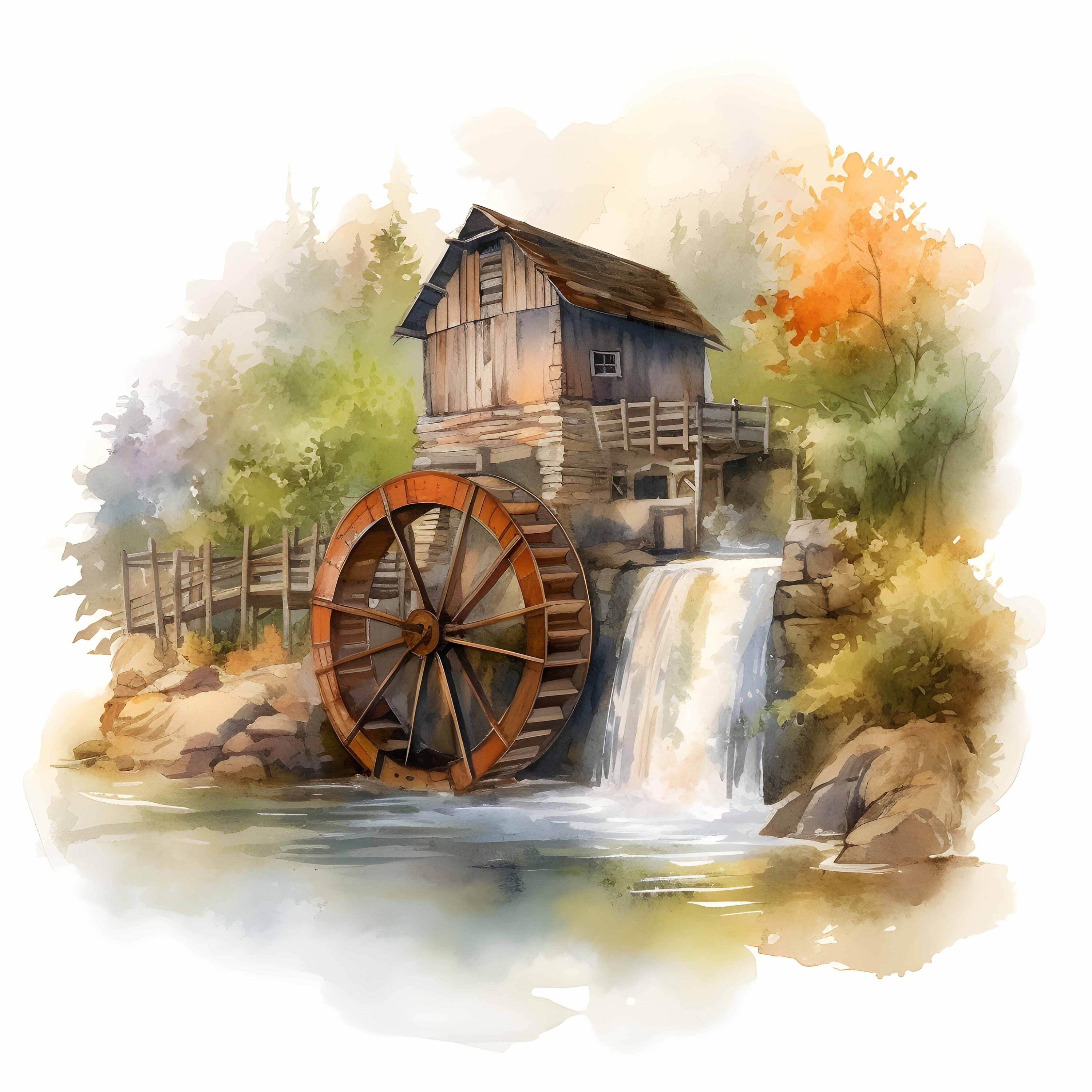 Watercolor Water Wheel, 10 High Quality PNG, Clipart Landscape, Clipart ...