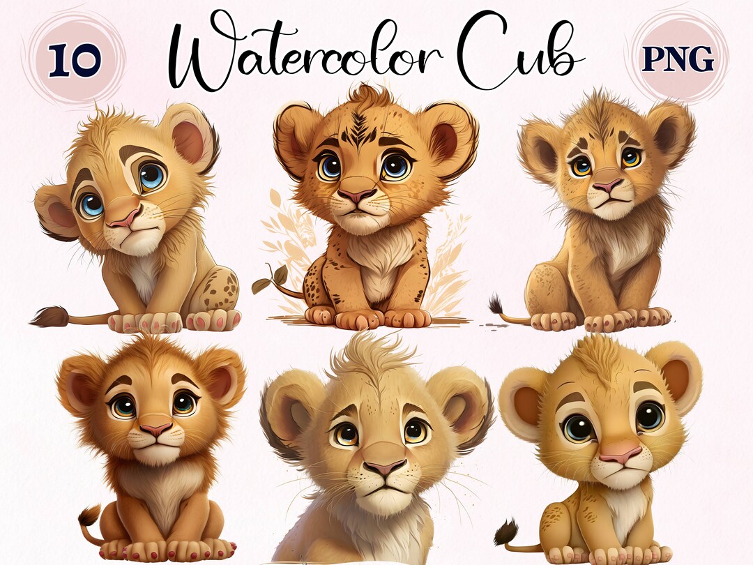 Watercolor Cub, 10 High Quality Pngs, Clipart Baby Lion, Collage Images ...
