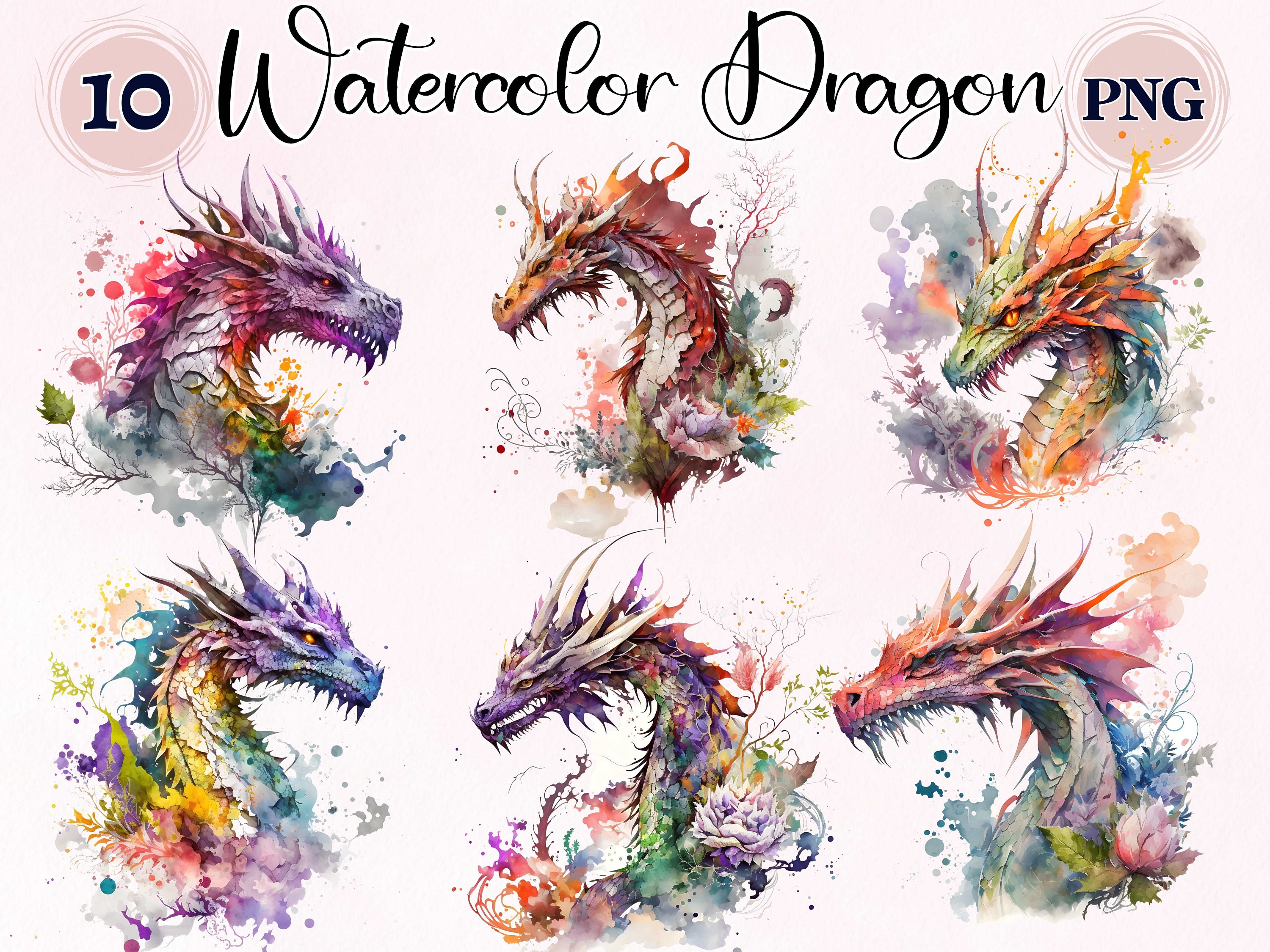Watercolor Dragon, 10 High Quality Pngs, Clipart Dragon PNG, Fantasy ...