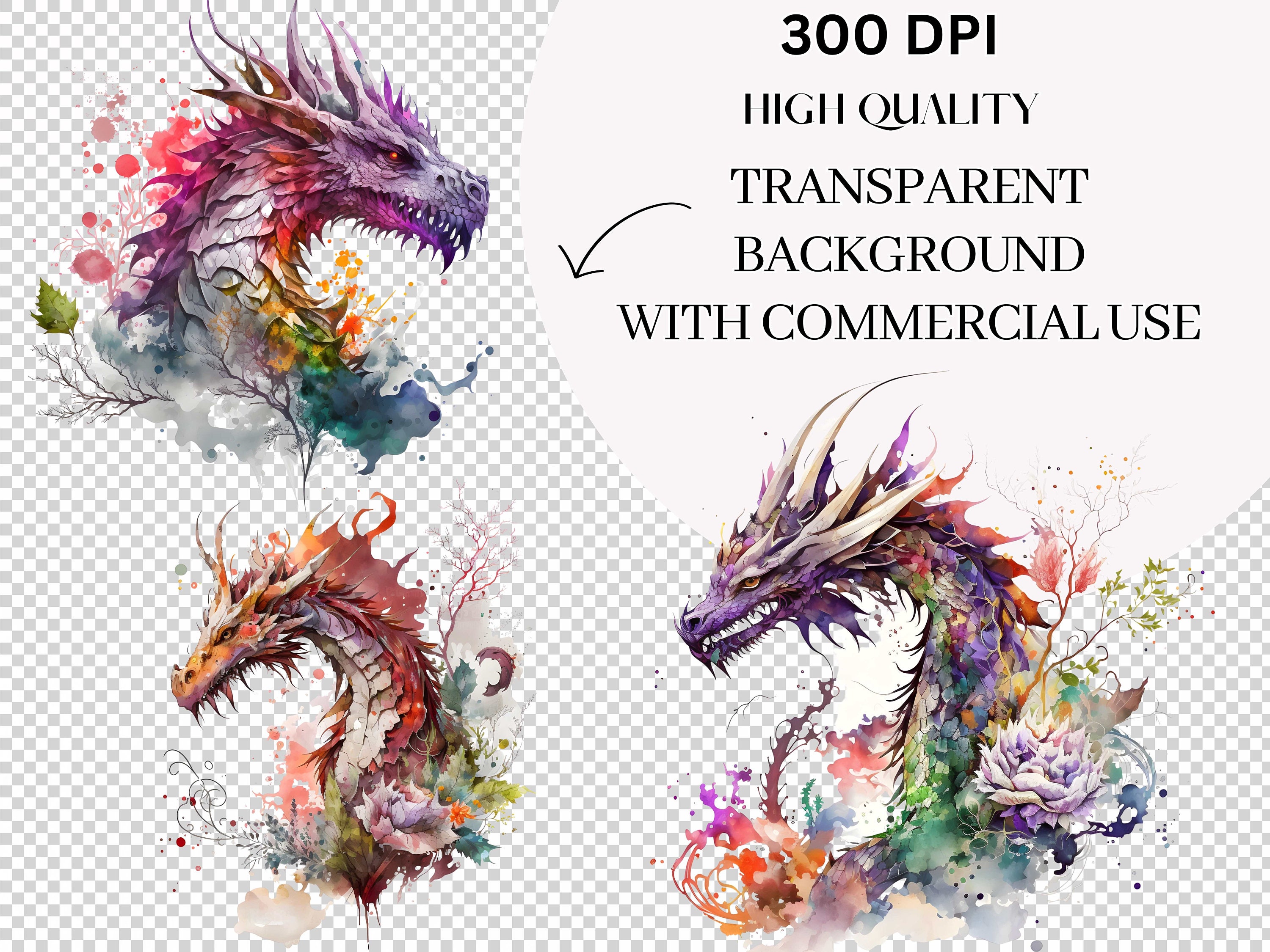Watercolor Dragon, 10 High Quality Pngs, Clipart Dragon PNG, Fantasy ...
