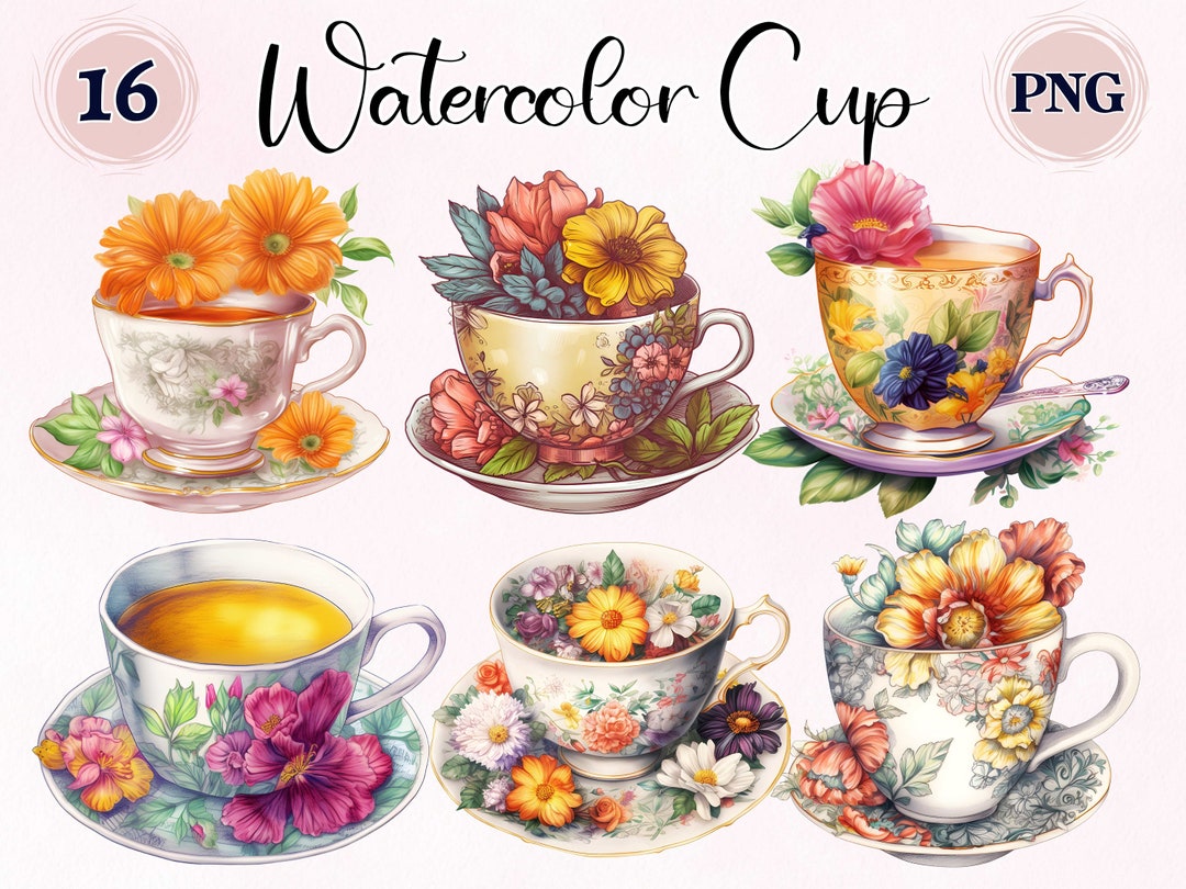 Watercolor Cup, 16 High Quality Pngs, Clipart Flowers PNG, Clipart Cup ...