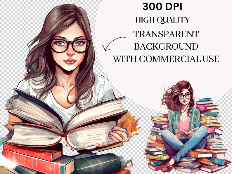 Beautiful Girl Reading Book, 9 Clipart Pngs, Digital Planner ...