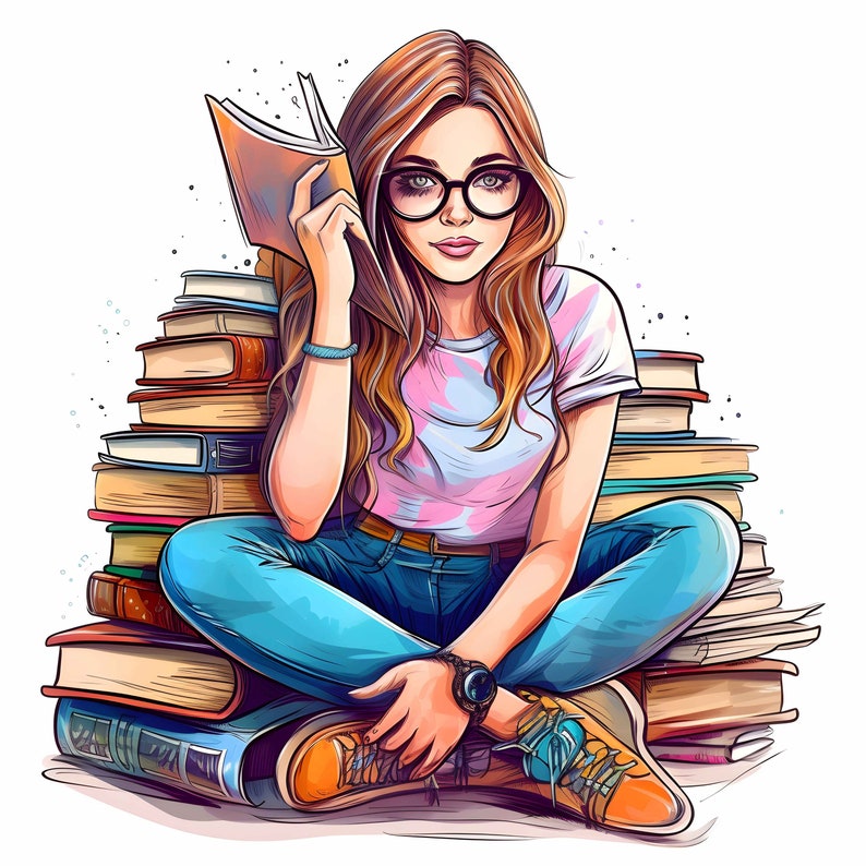 Beautiful Girl Reading Book, 9 Clipart Pngs, Digital Planner ...