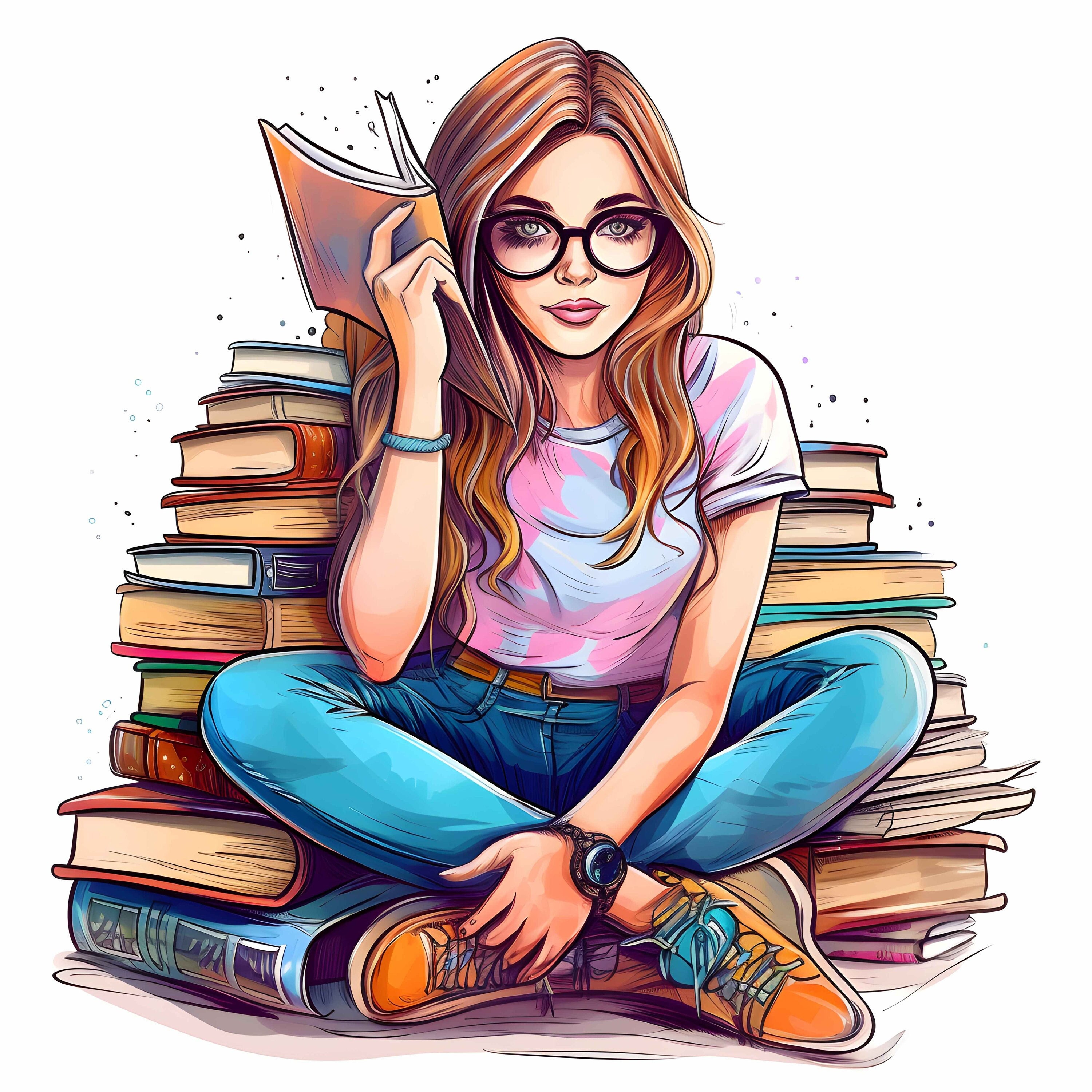 Beautiful Girl Reading Book, 9 Clipart Pngs, Digital Planner ...