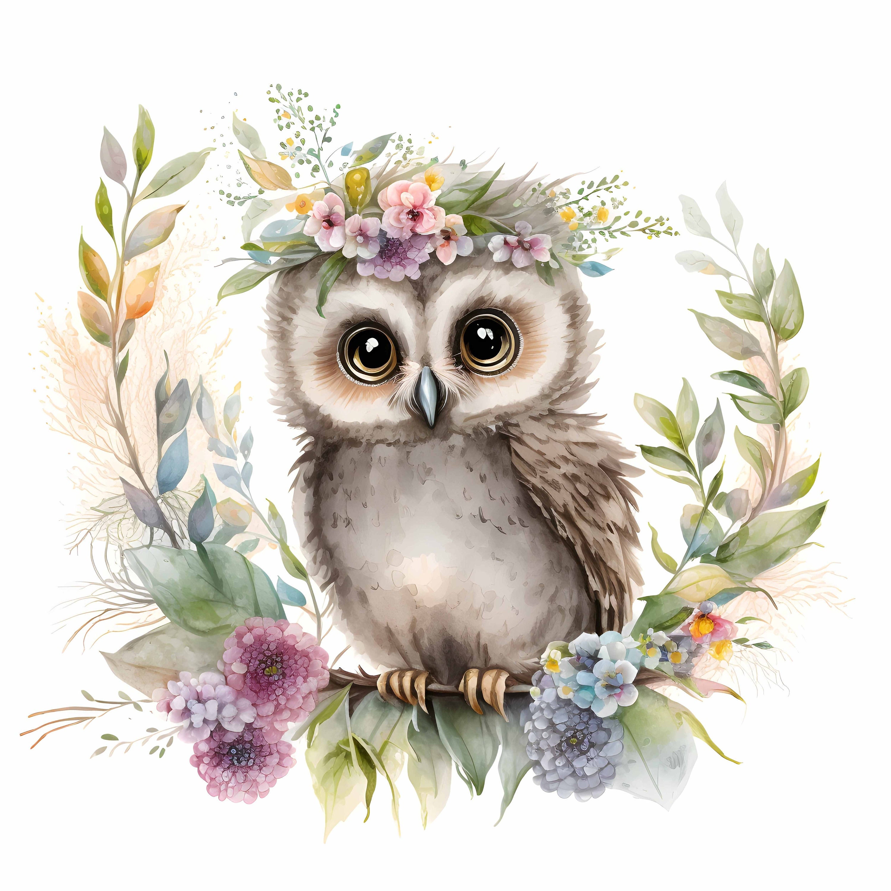 Watercolor Owl With Flowers, 10 High Quality Pngs, Digital Download ...