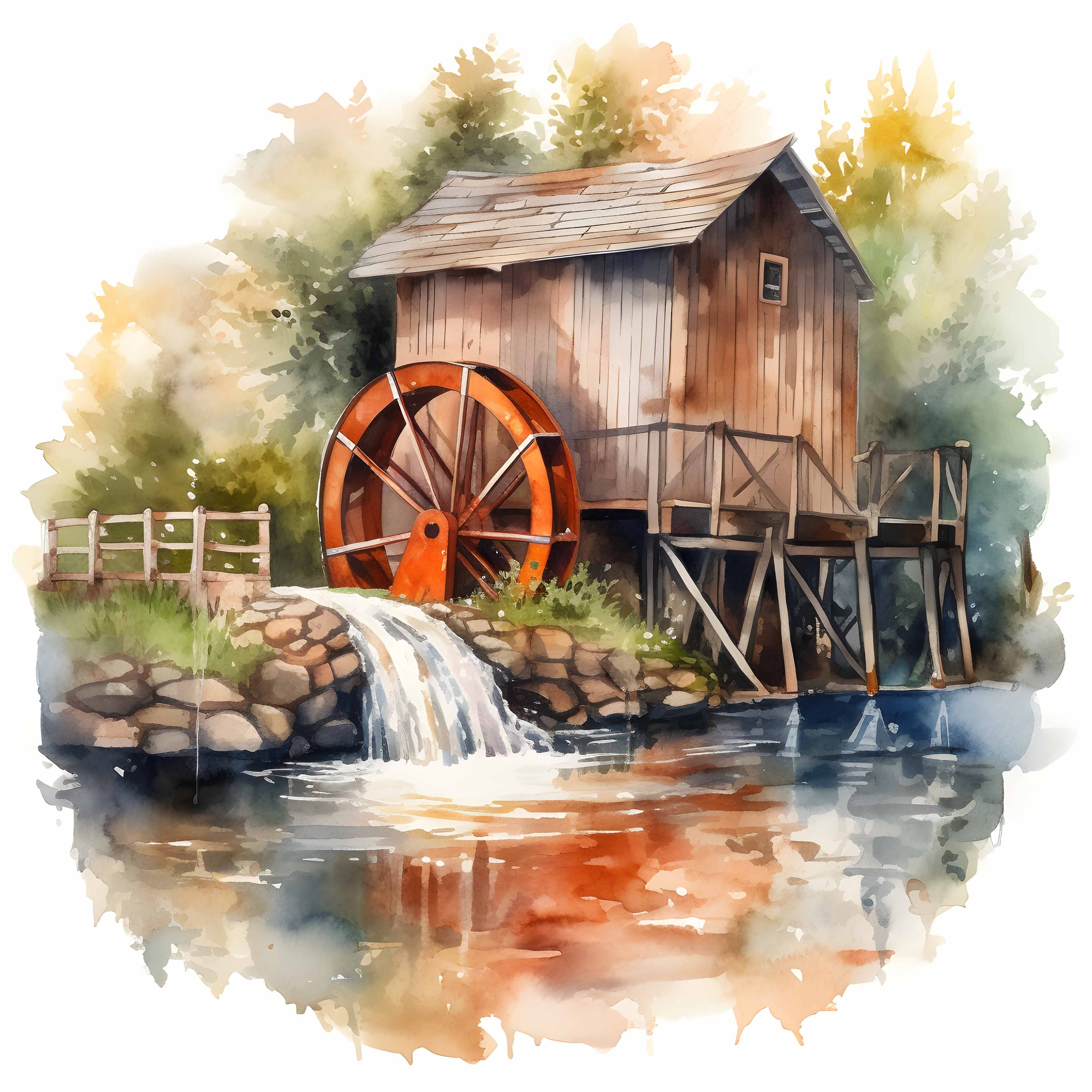 Watercolor Water Wheel, 10 High Quality PNG, Clipart Landscape, Clipart ...