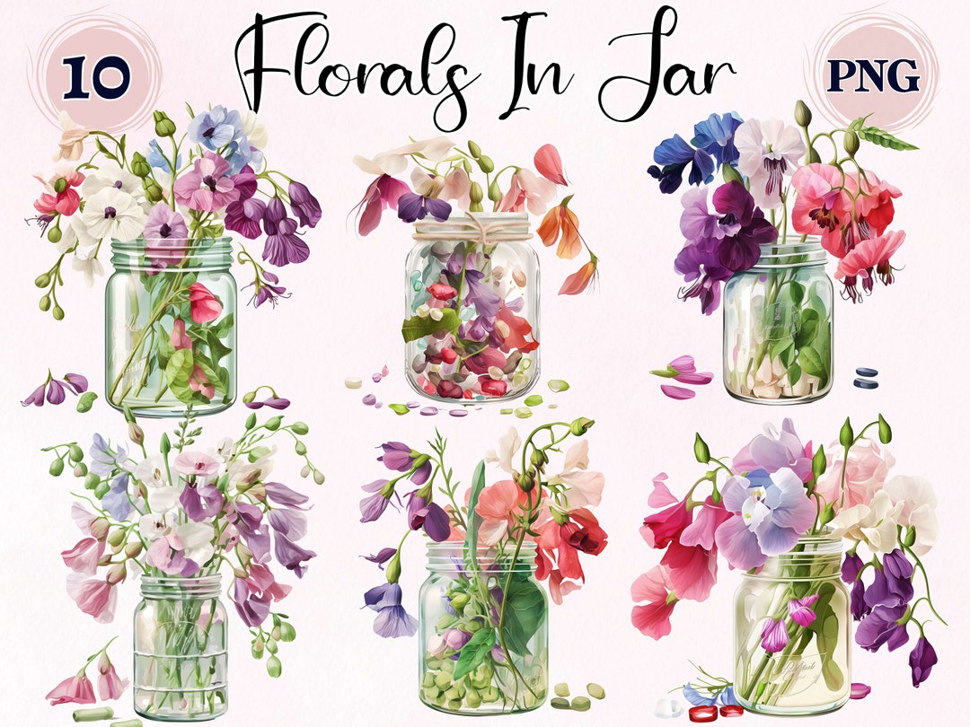 Watercolor Florals in Jar Png, 10 High Quality Pngs, Clipart Flowers ...