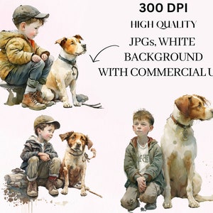 Watercolor Boy and Dog, 10 High Quality Jpgs, Clipart Boy With His Dog ...