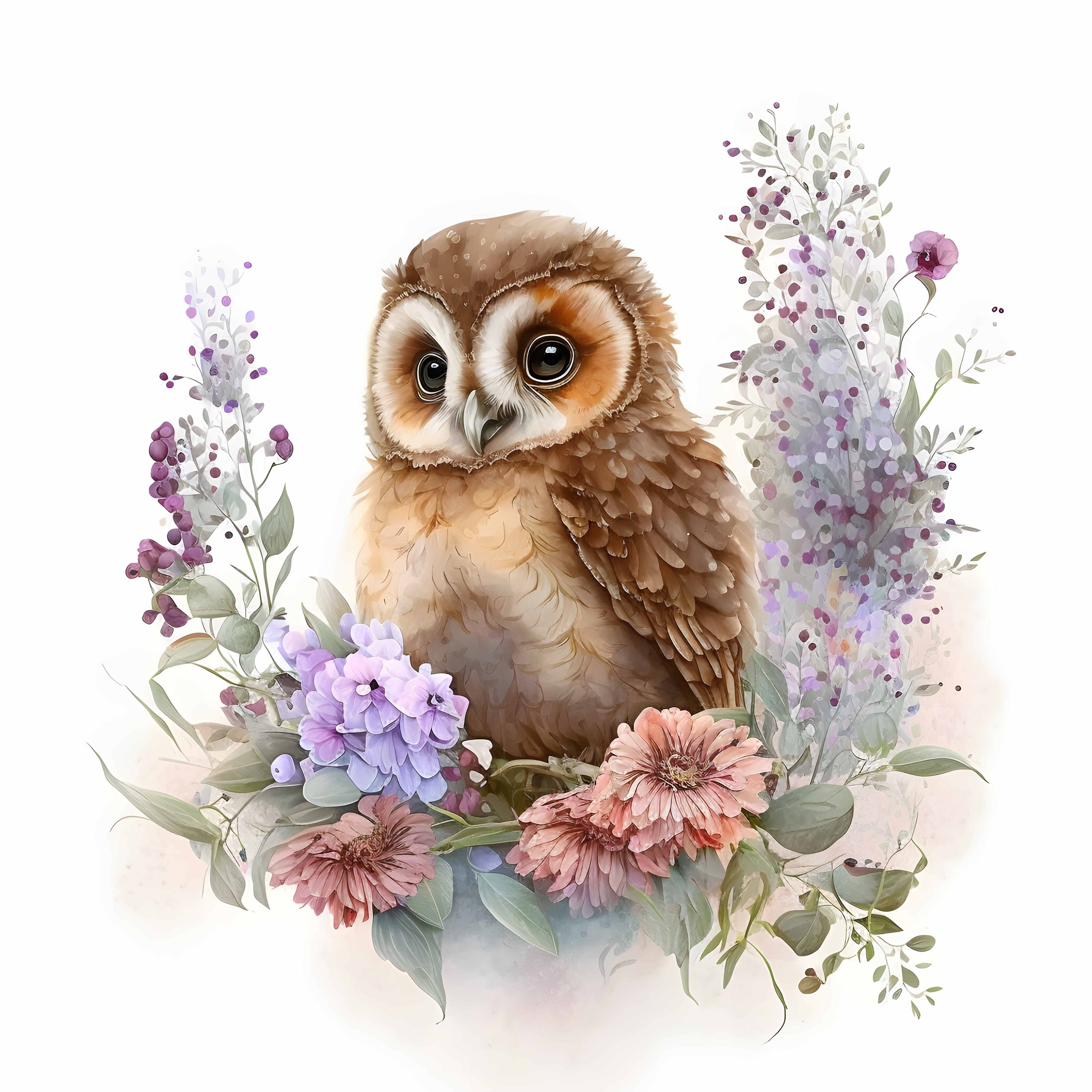 Watercolor Owl With Flowers, 10 High Quality Pngs, Digital Download ...