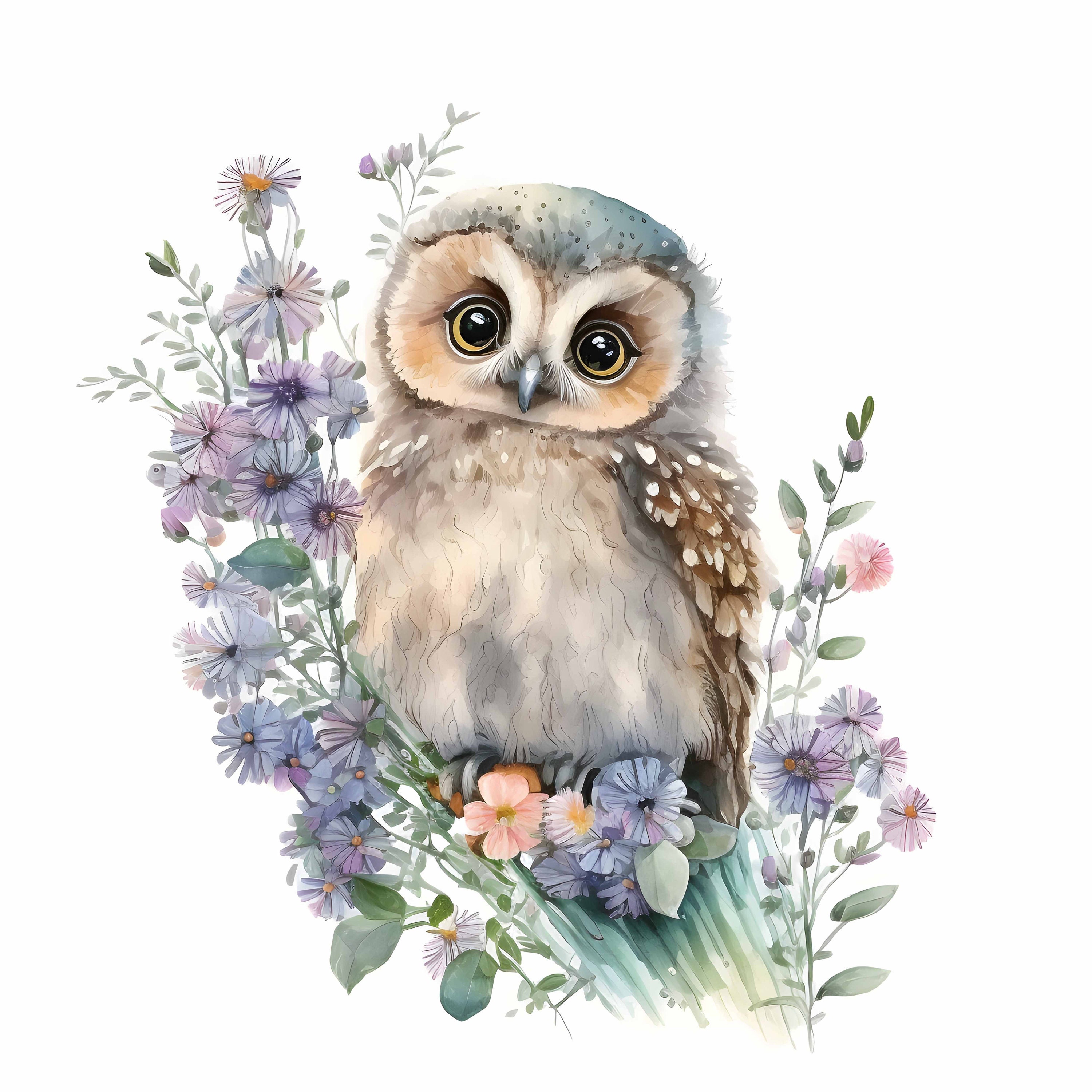 Watercolor Owl With Flowers, 10 High Quality Pngs, Digital Download ...