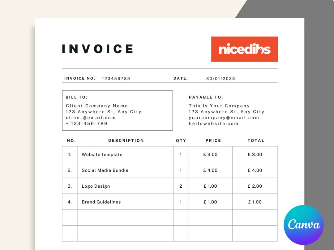 Invoice Template Editable Printable Digital Order Form for - Etsy