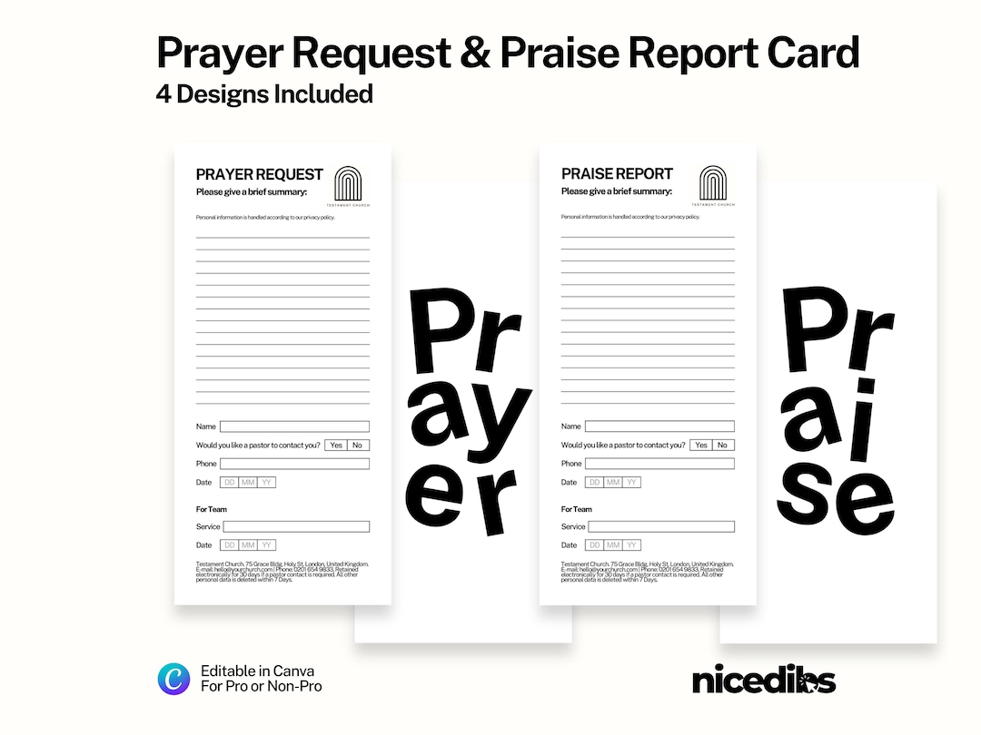 Prayer Request Card and Praise Report Card | Church Canva Template ...