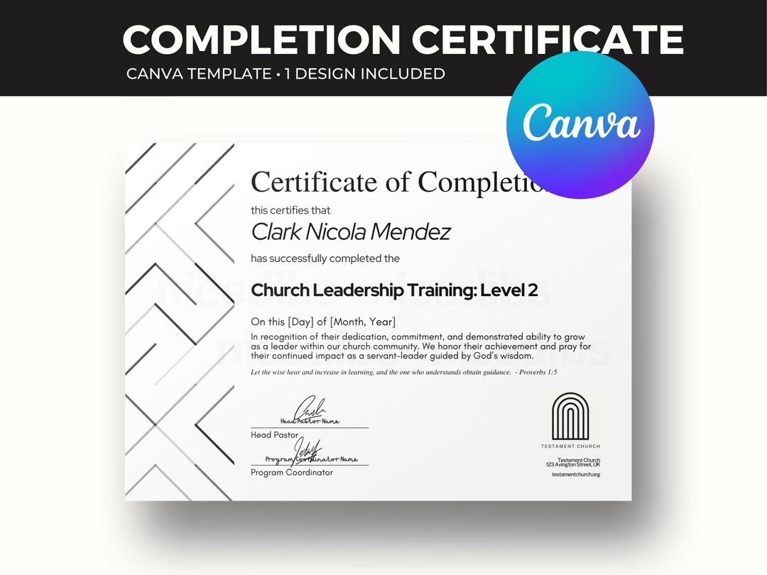 Editable Completion Certificate Template | Church Training Program ...